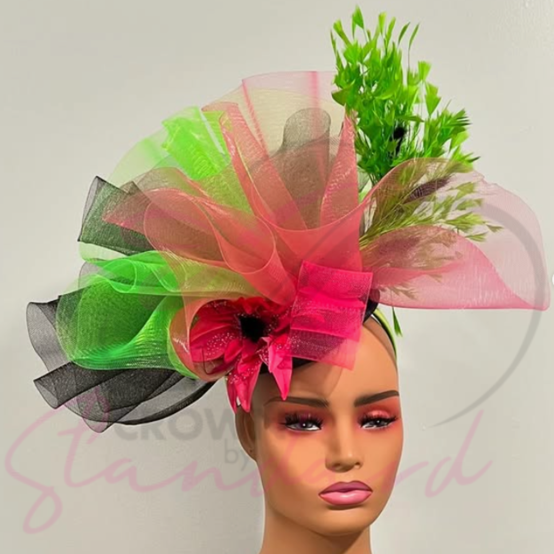 Black, lime green, and pink fascinator with feathers and flowers ...