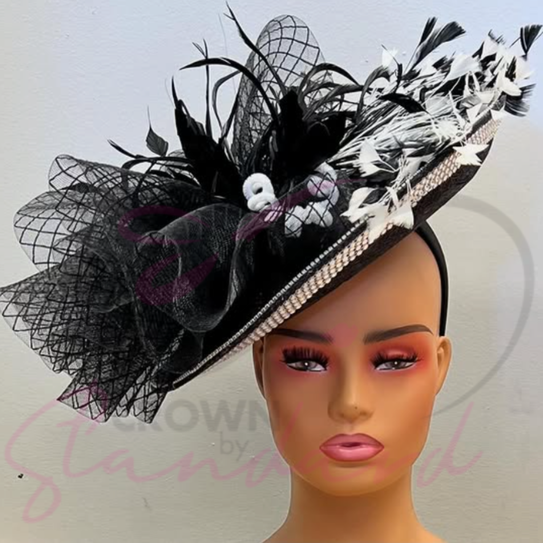Black and white fascinator with feathers and bling! – Crown By Standard