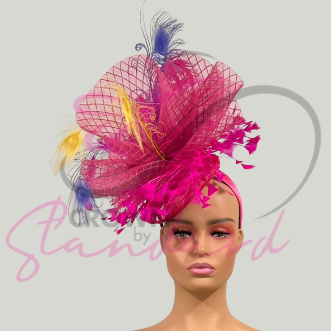 Gorgeous pink fascinator with multicolored feathers – Crown By Standard