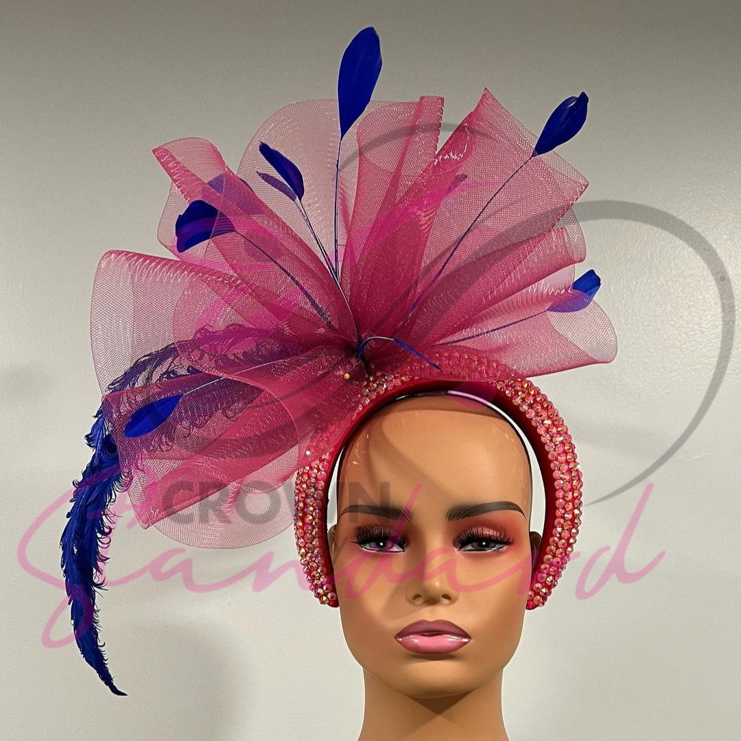 Pink Fascinator with Blue Feathers – Crown By Standard