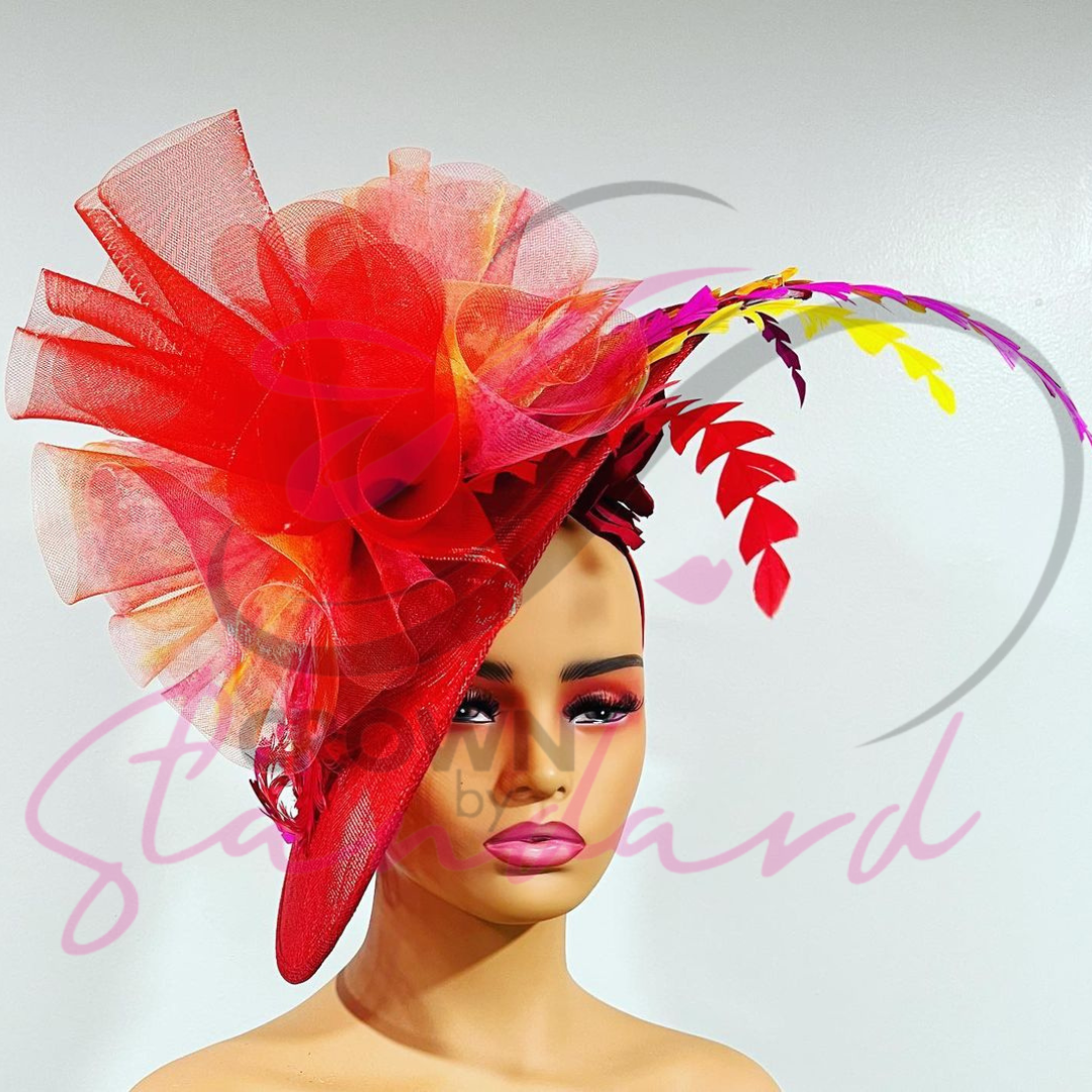 Red Fascinator with Multicolored Crinoline and Feathers – Crown By Standard