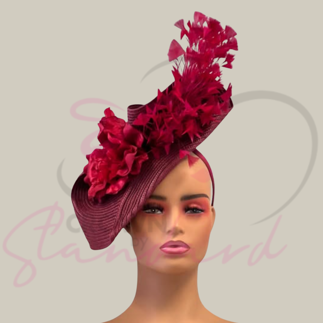 Red/ Burgundy fascinator with feathers and a flower! – Crown By Standard