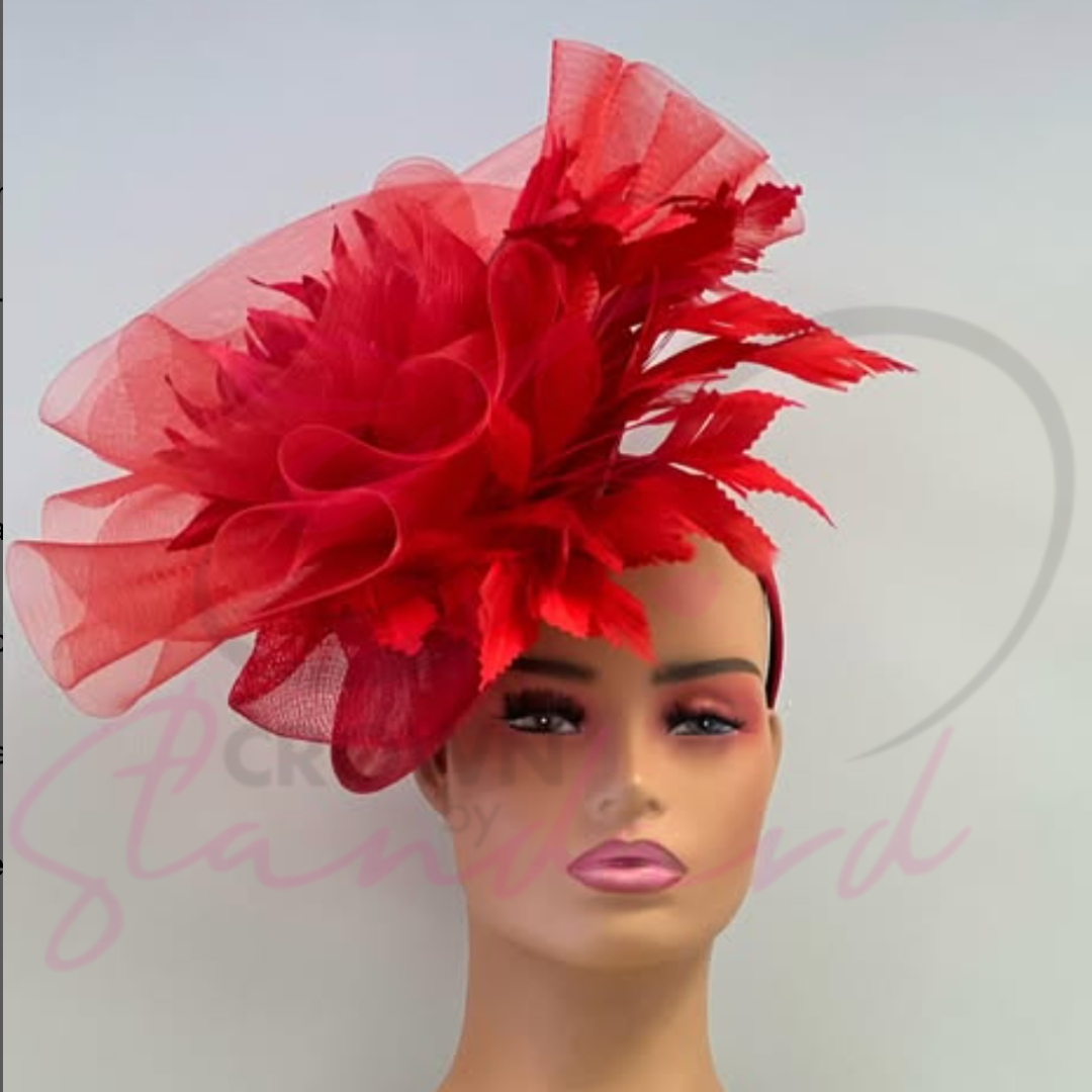 Red fascinator with a feather flower and crinoline! – Crown By Standard