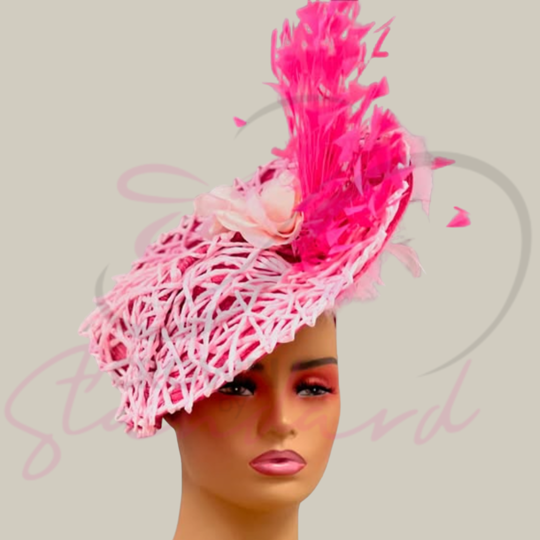 Light pink fascinator with a flower and feathers! – Crown By Standard