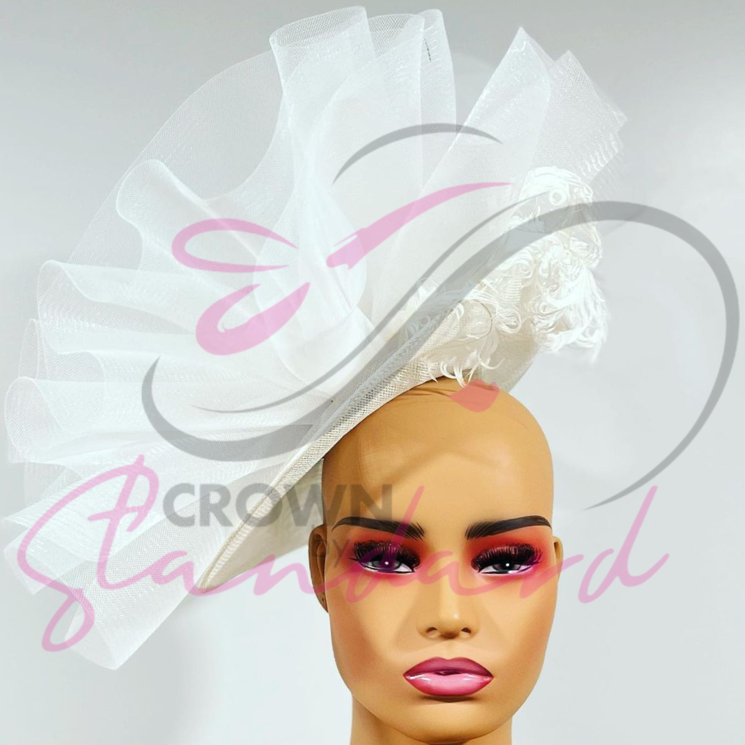 Large Flower and Feathered White Crinoline Fascinator – Crown By Standard
